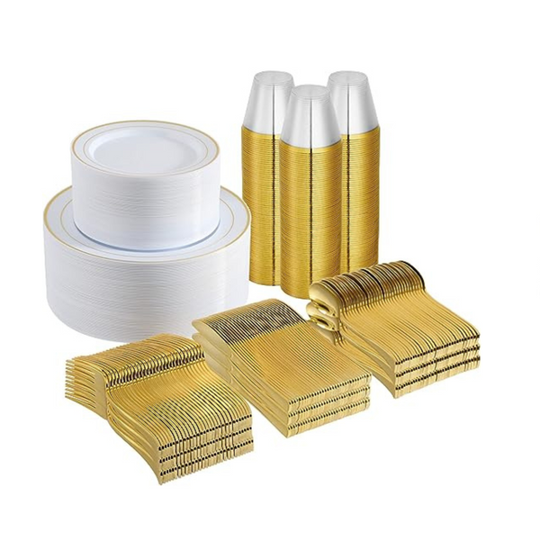 Focus Line 600 Pcs Gold Rimmed Plastic Disposable Dinnerware Set (Serv ...