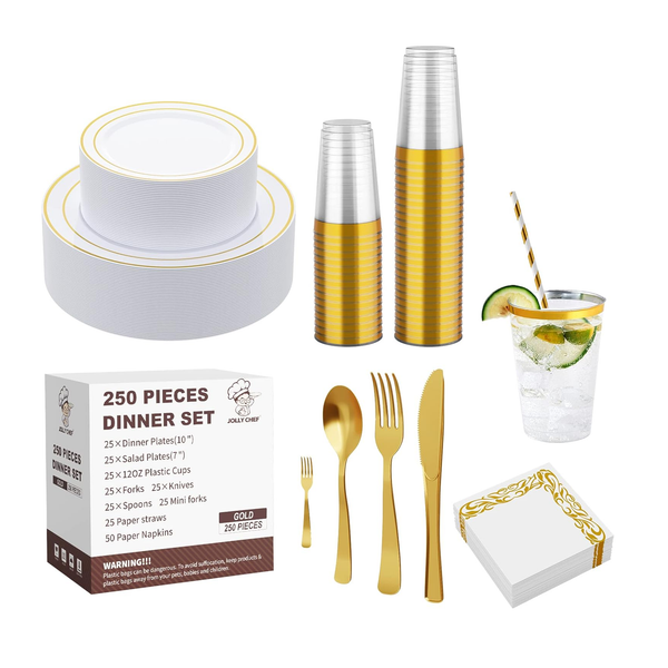 250 Pcs Elegant Gold Disposable Dinnerware Set with Cutlery, Cups, and